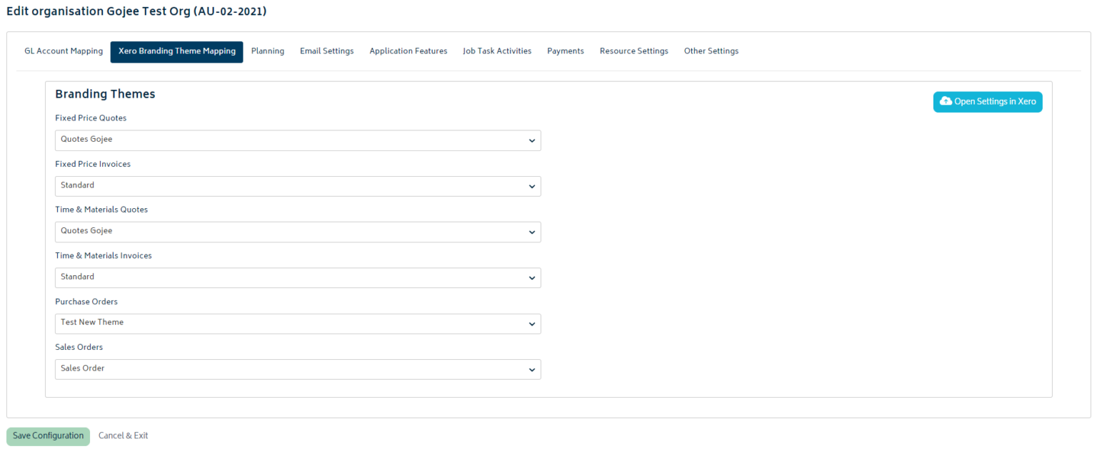 Organisation Settings - Gojee App: Xero Business Management Software