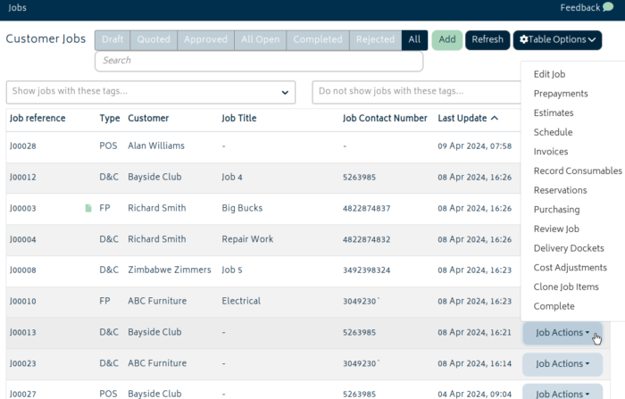 Job Actions - Gojee App: Xero Business Management Software