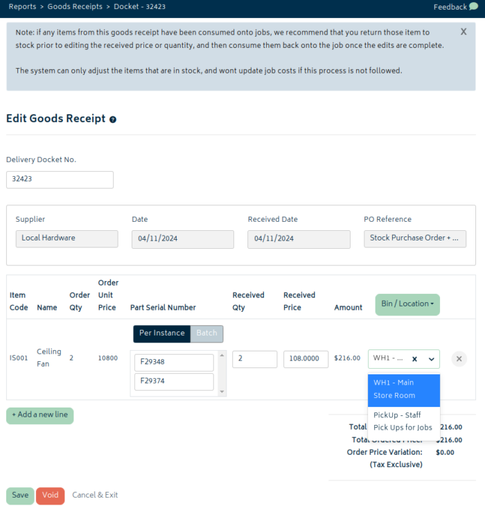 Receive Goods - Gojee App: Xero Business Management Software